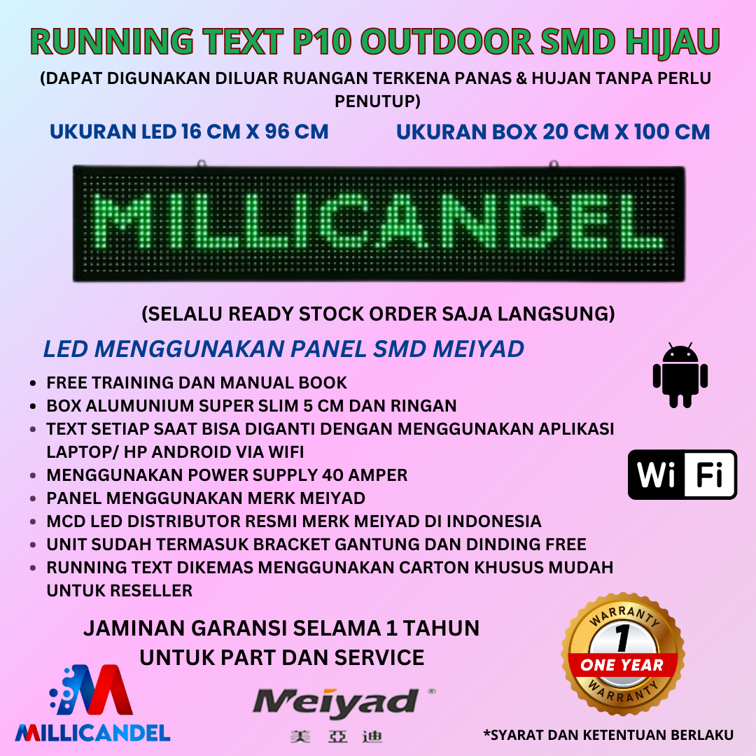 RUNNING TEXT P10 LED SMD OUTDOOR WARNA HIJAU UKURAN LED 16X96 CM UKURAN ...