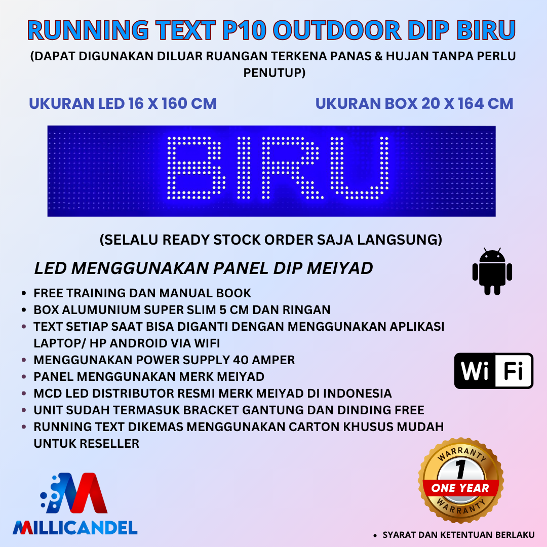 RUNNING TEXT P10 LED DIP OUTDOOR WARNA BIRU UKURAN LED 16X96 CM UKURAN ...